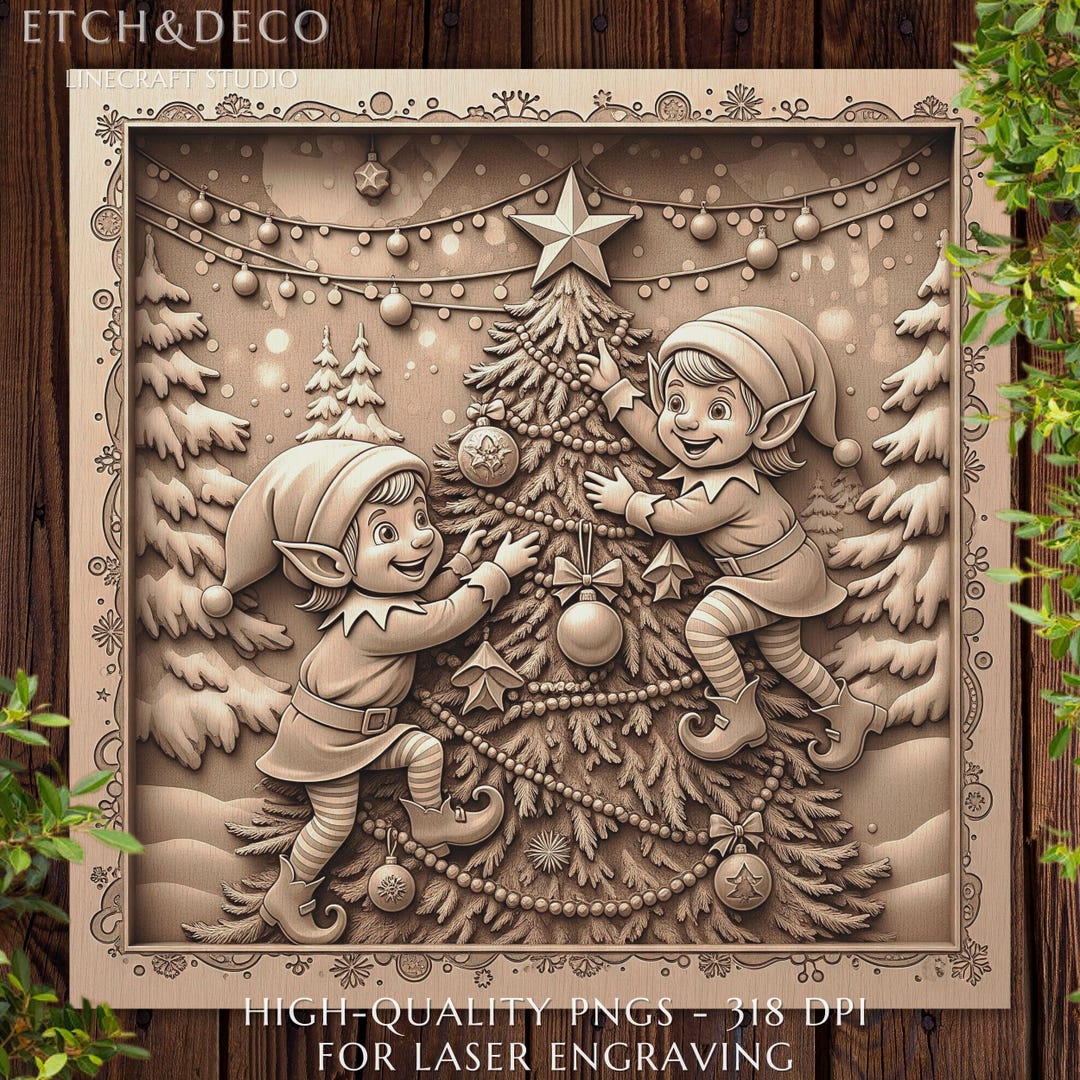 3D Illusion Elves Decorating Tree PNG, File for Wood Laser Engraving ...