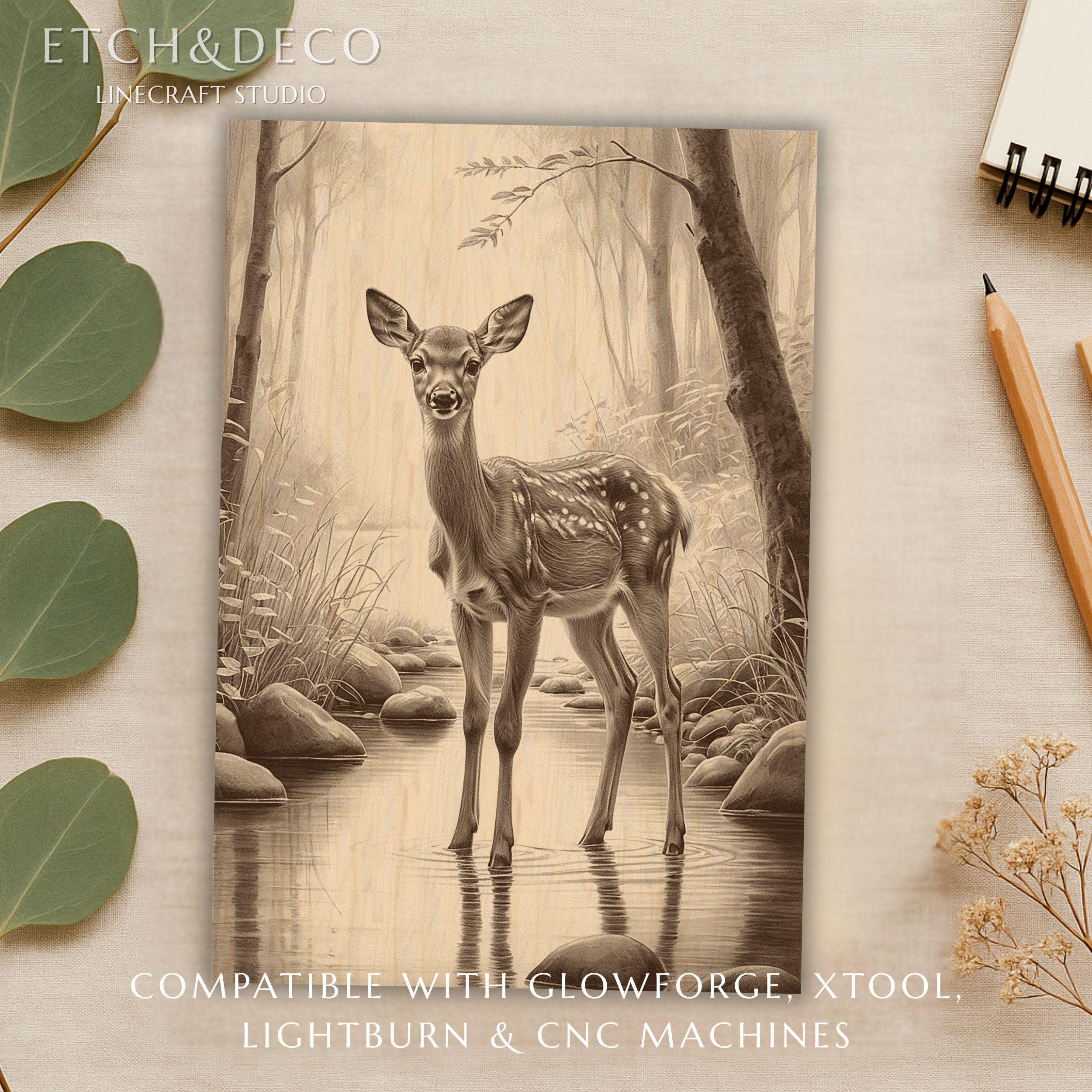 Fawn in Forest Stream PNG for Wood Engraving, Wildlife Laser Burn File ...