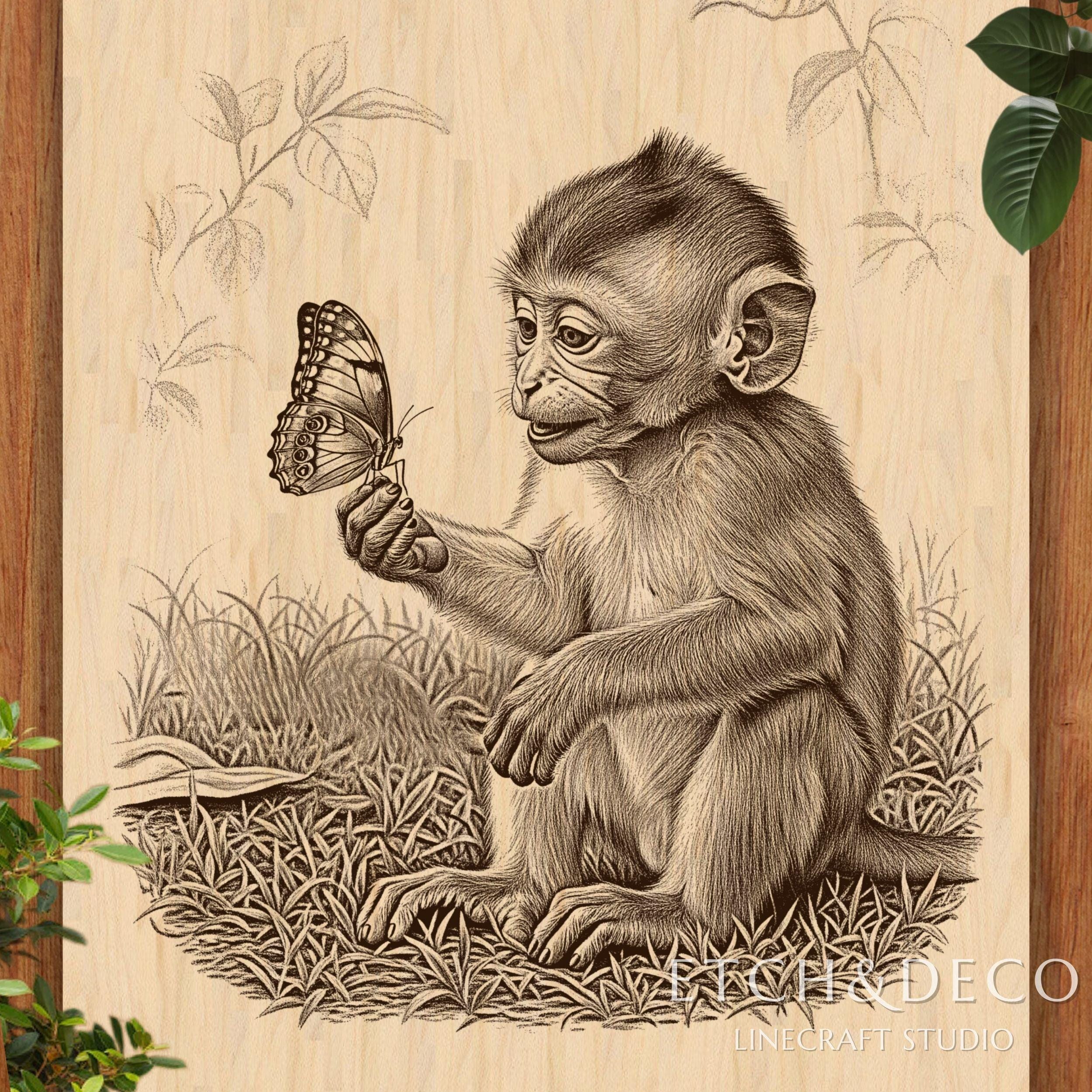 Monkey and Butterfly Wood Engraving File, Laser Burn PNG Design for ...