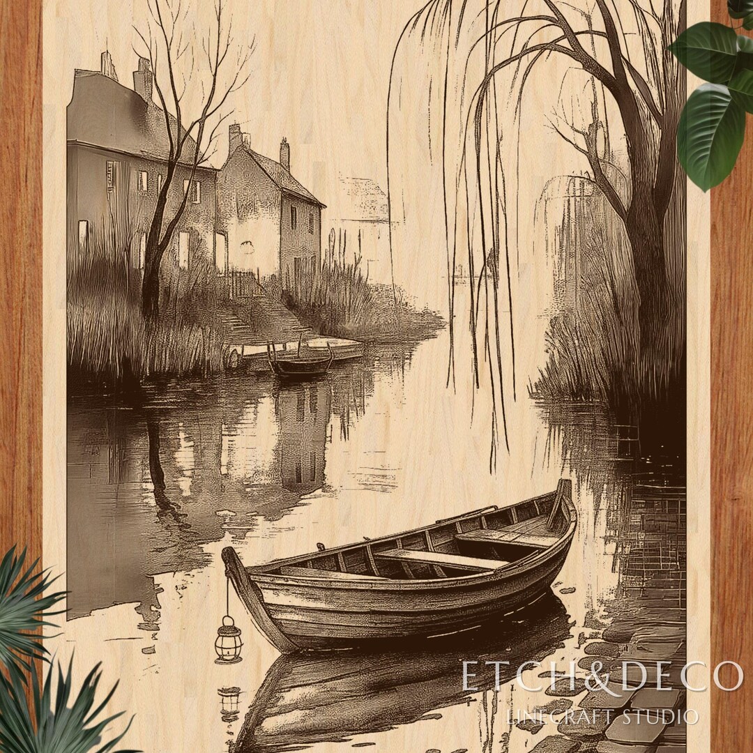 Wooden Boat Laser Engraving PNG, River Scene Etching File, Rustic Canoe ...