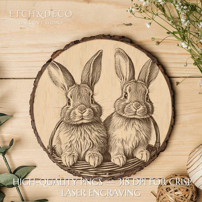 Bunnies in Basket Laser Burn PNG, Wood Engraving File, Rustic Laser ...