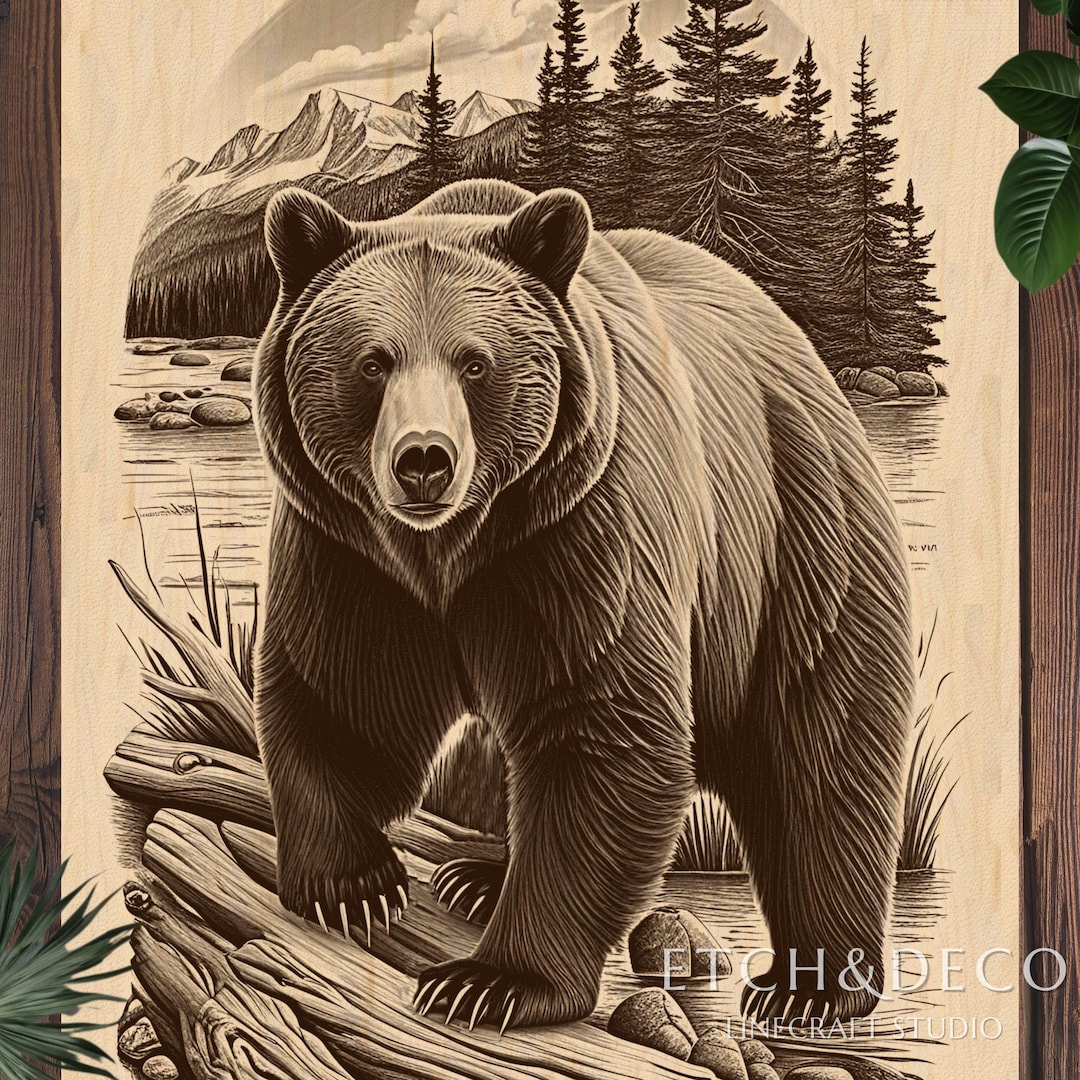 Grizzly Bear Laser Engraving PNG, River Nature Scene, Laser Ready File ...