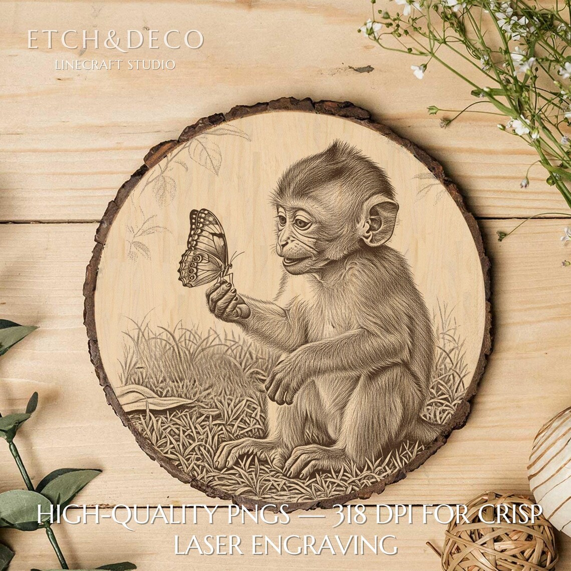 Monkey and Butterfly Wood Engraving File, Laser Burn PNG Design for ...