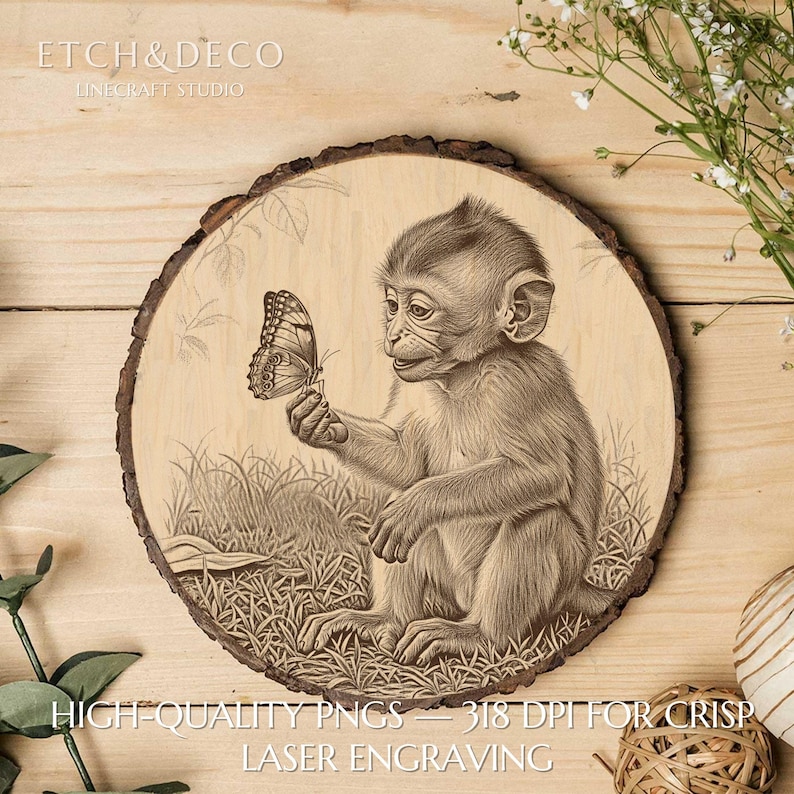 Monkey and Butterfly Wood Engraving File, Laser Burn PNG Design for ...