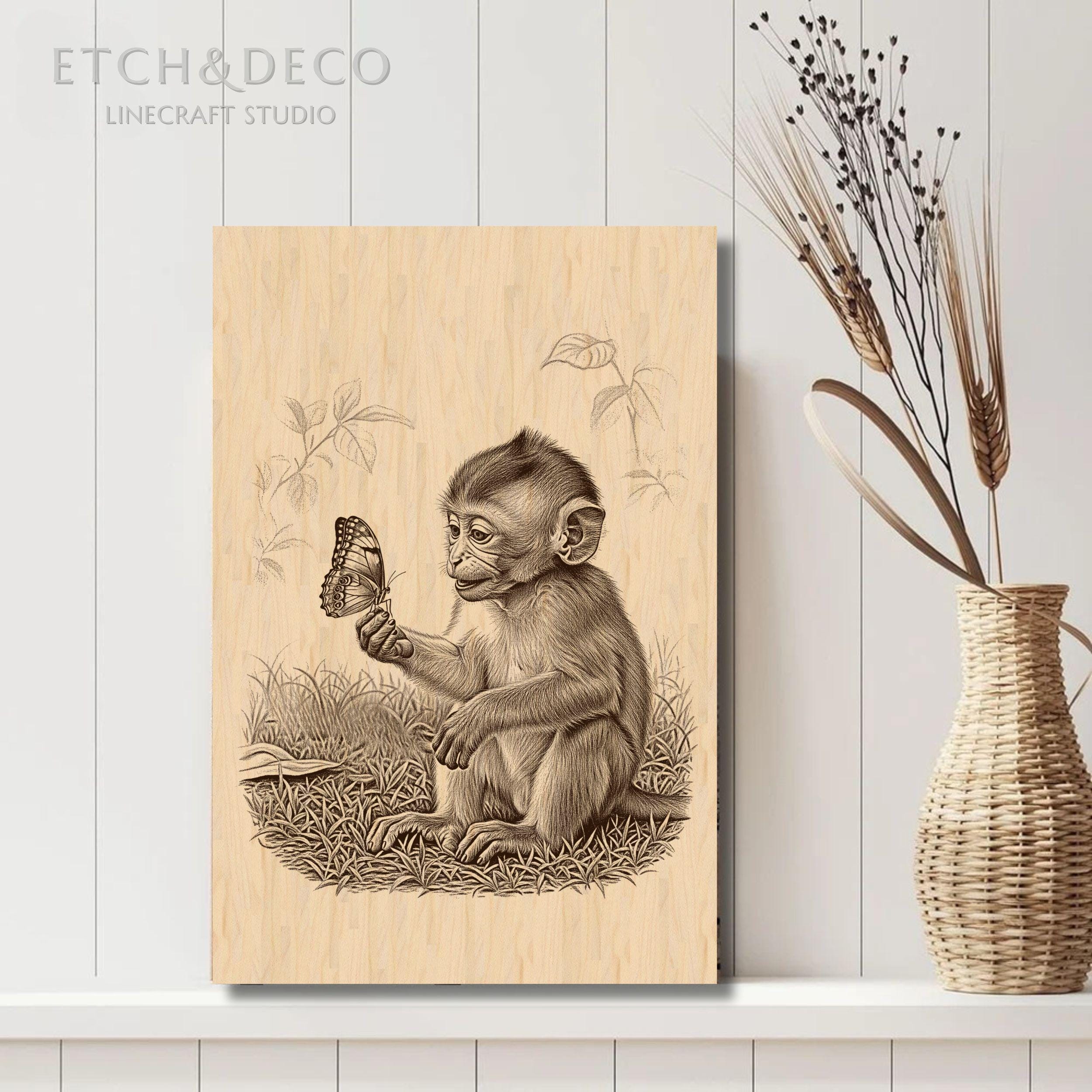 Monkey and Butterfly Wood Engraving File, Laser Burn PNG Design for ...