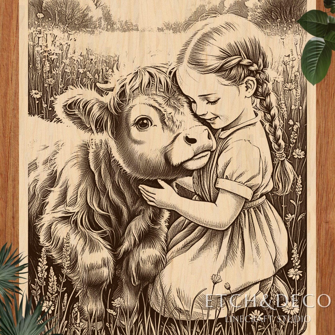 Girl and Calf Laser Engraving File, Laser Burn PNG, Etching Rustic Gift ...