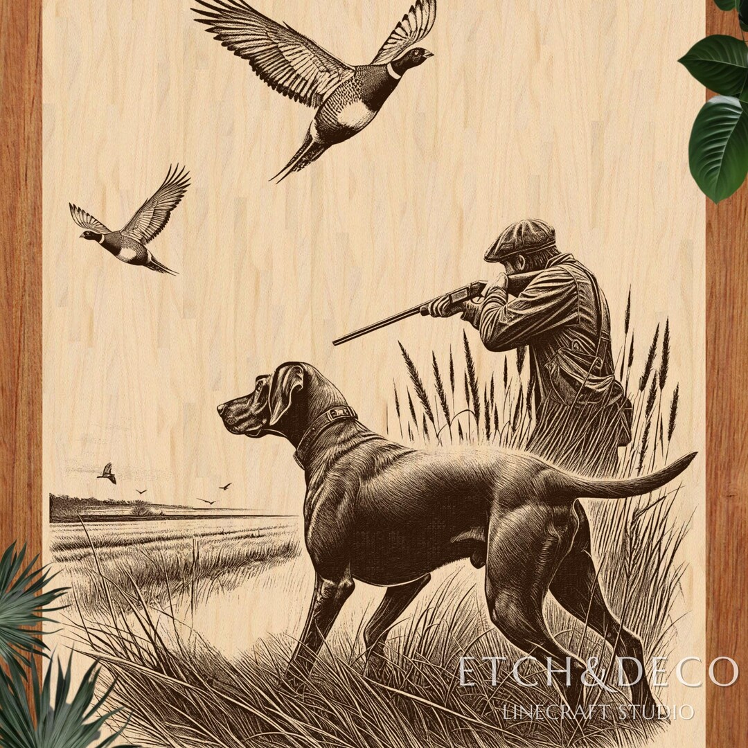 Bird Hunting Scene PNG, Hunter and Dog Laser Burn PNG, Wood Engraving ...