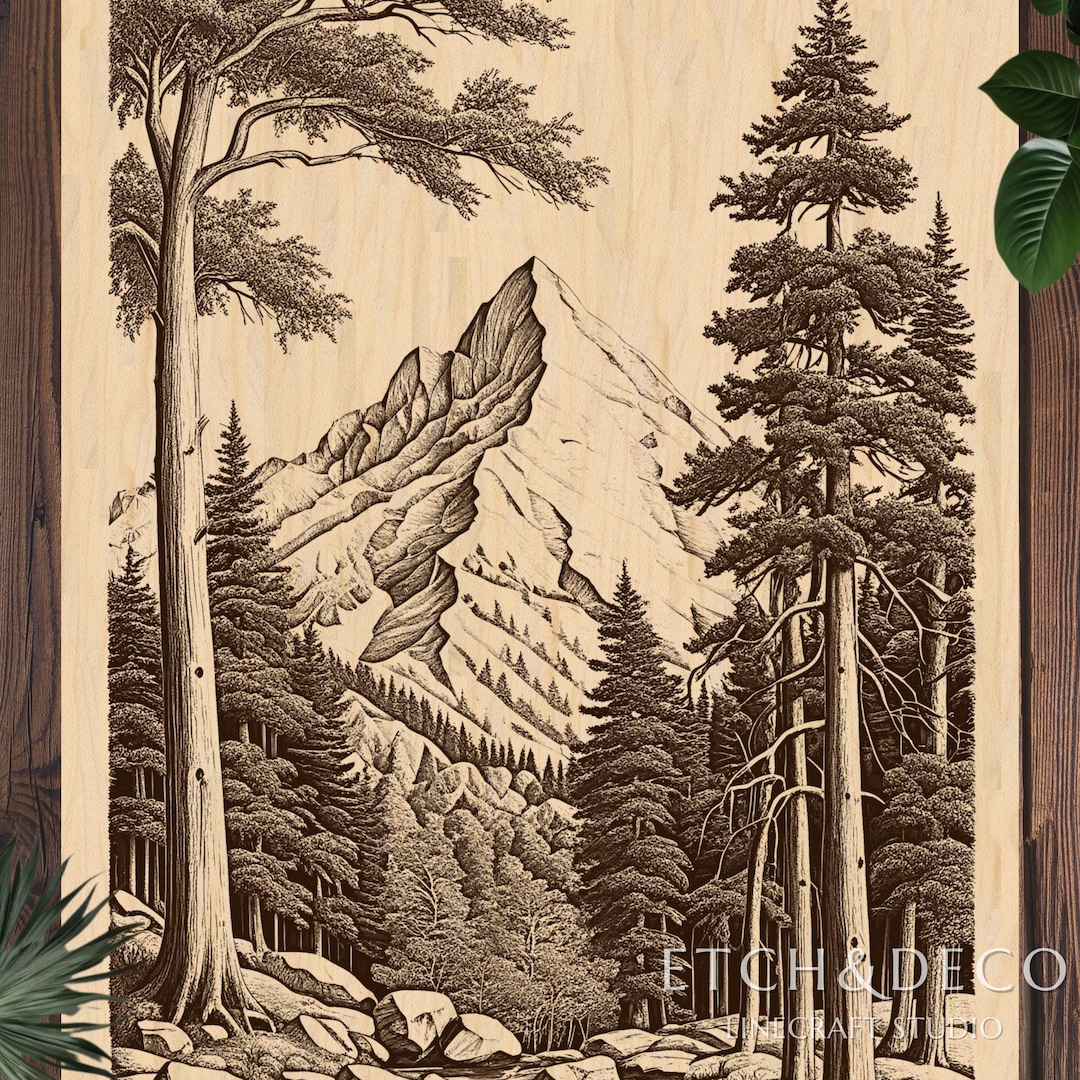 Mountain Landscape PNG for Laser Engraving, Wood Forest Scene Design ...