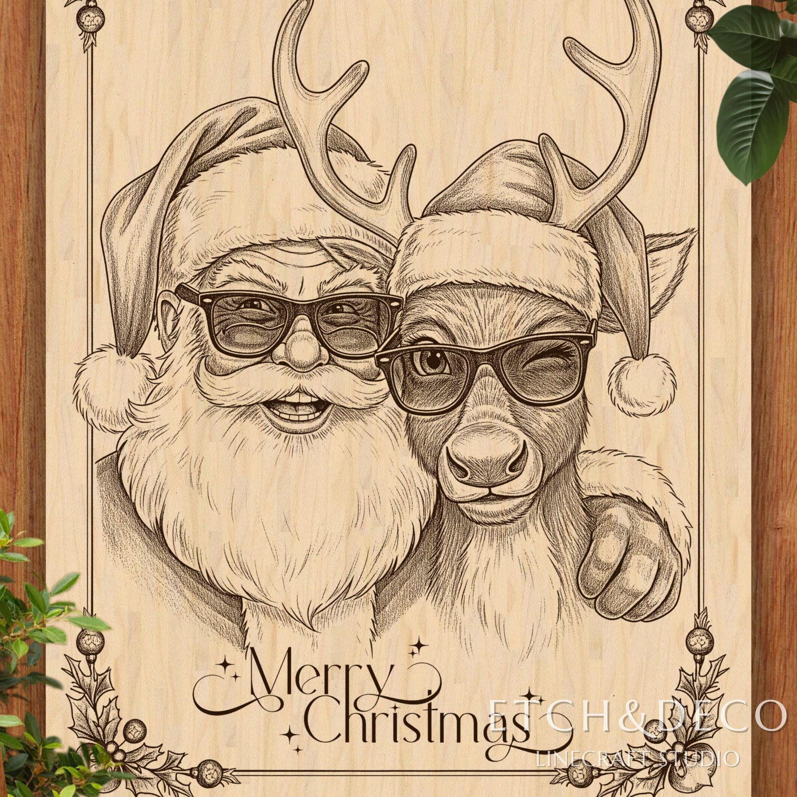 Cool Santa and Reindeer Laser Engraving, Funny Christmas CNC Design ...