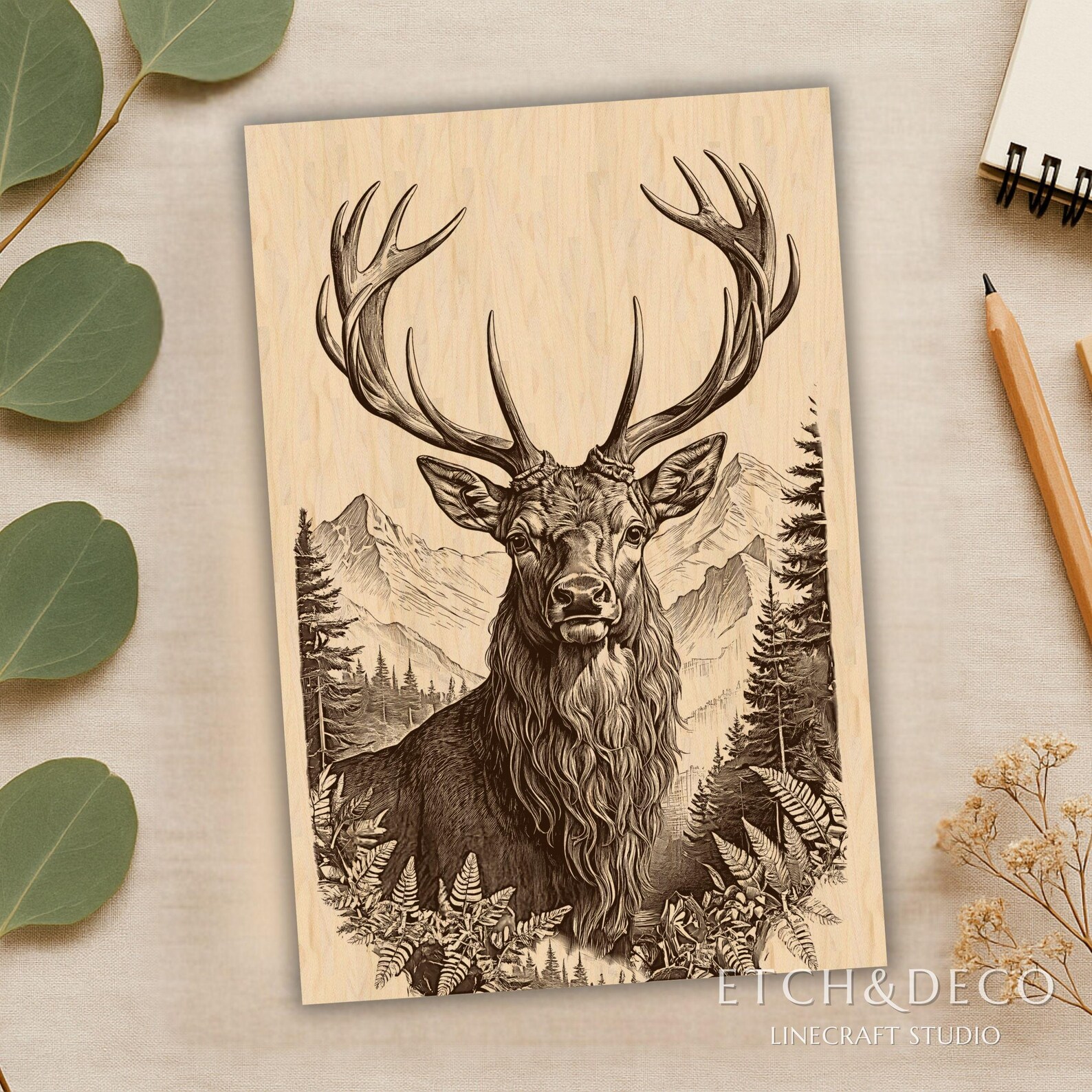 Mountain Deer Laser Wildlife Engraving PNG, Rustic Wood Gift Design ...