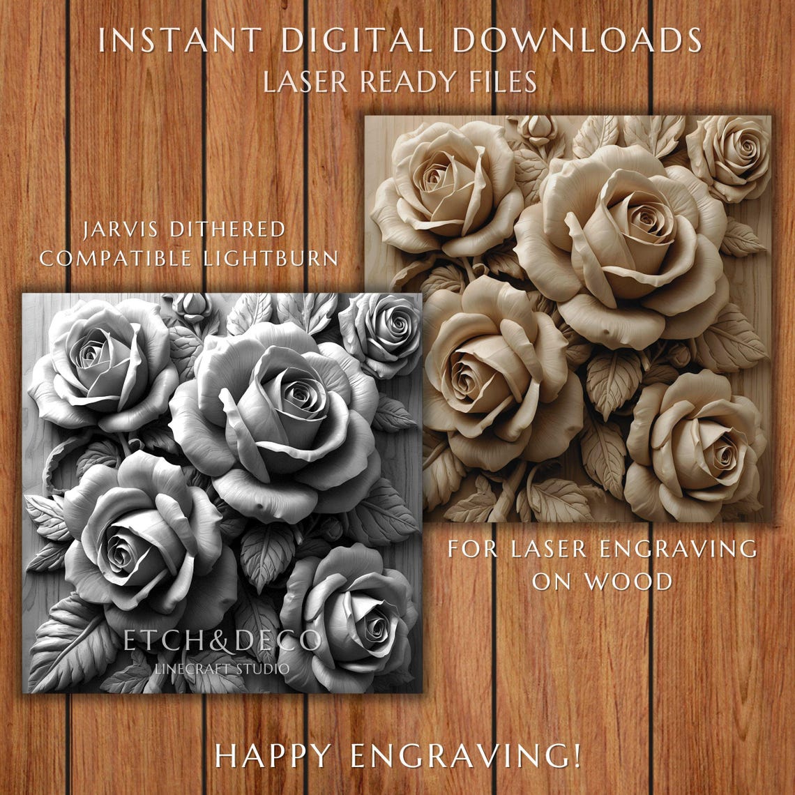 3D Illusion Bouquet of Roses PNG, File for Wood Laser Engraving, Rustic ...