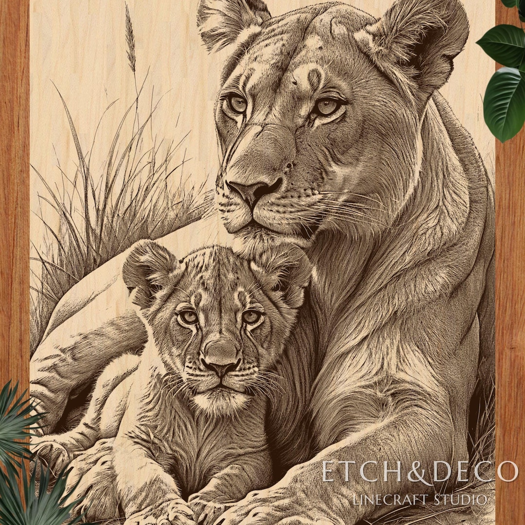 Lioness and Cub Laser Burn PNG, Wildlife Engraving Design, Safari ...