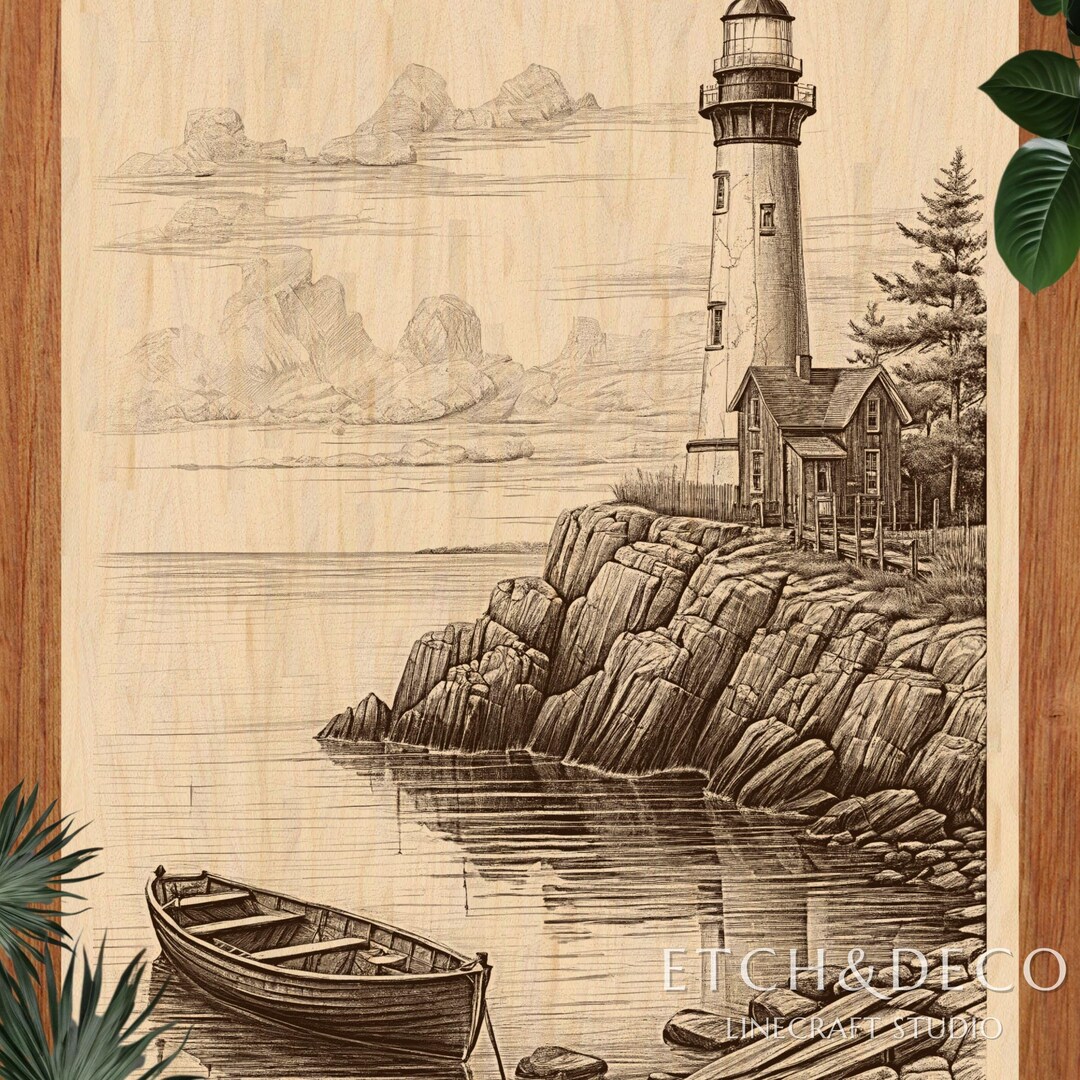 Lighthouse and Boat Laser Burn PNG, Coastal Etching Design for Cutting ...