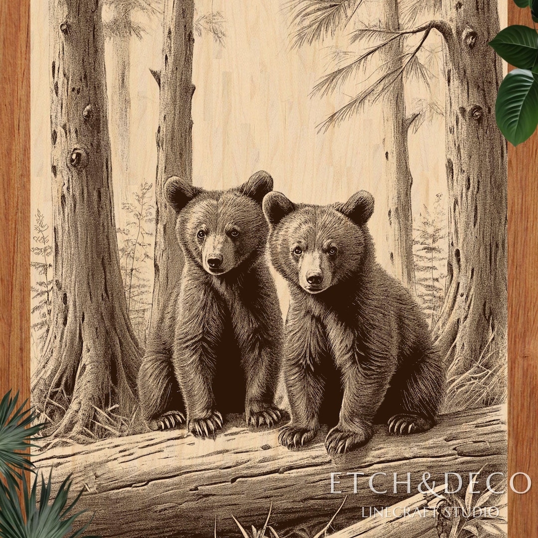 Grizzly Bear Cubs in the Forest PNG, Laser Burn Engraving File ...