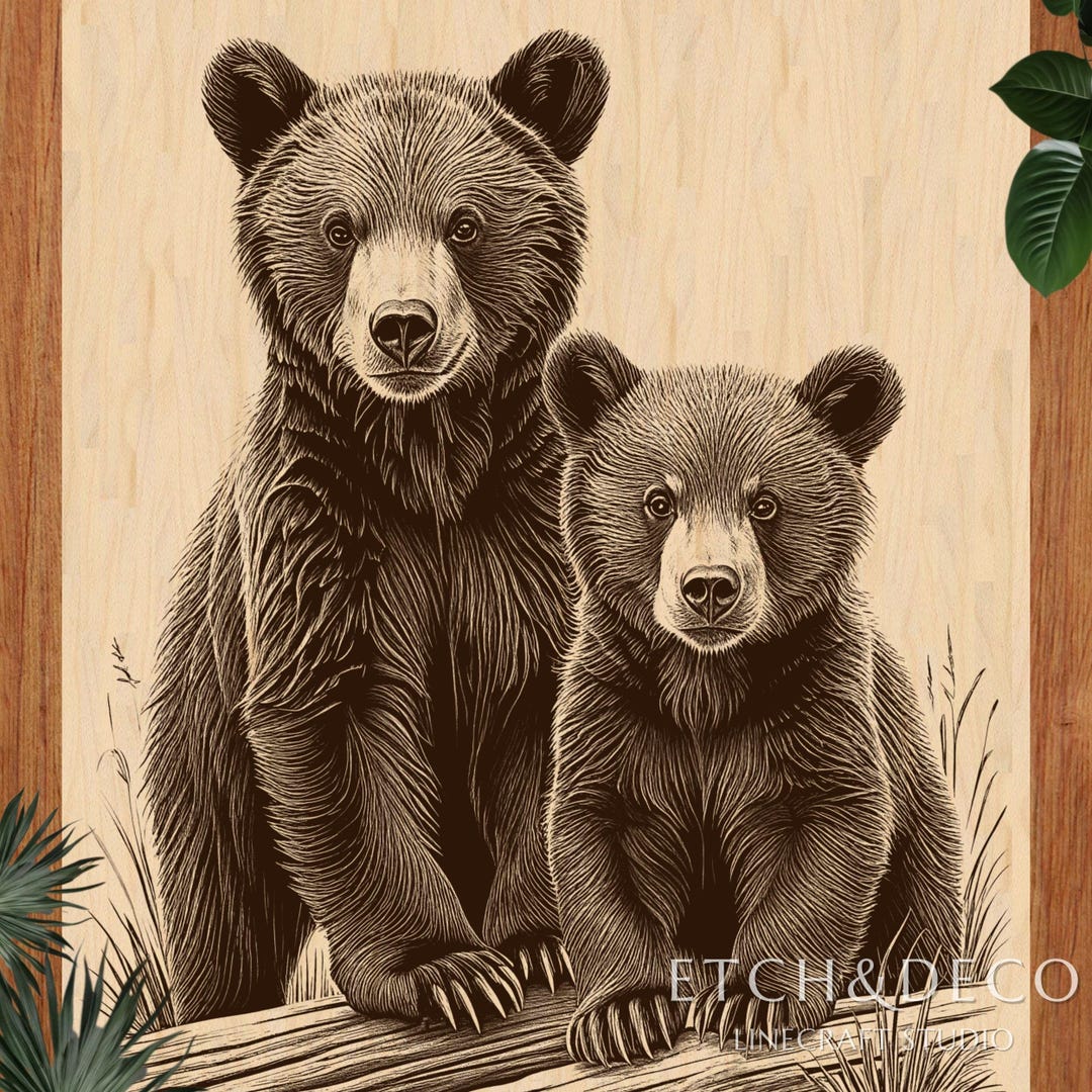 Grizzly Bear Cubs Laser Burn PNG, Laser Engraving PNG, Woodland ...