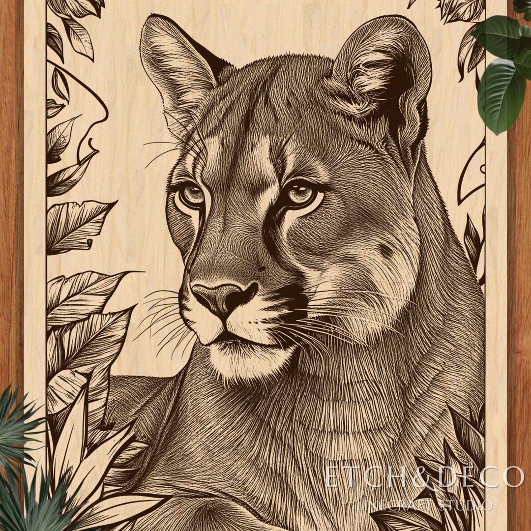 Puma Wood Engraving File, Etching Mountain Lion Design, Wildlife CNC ...