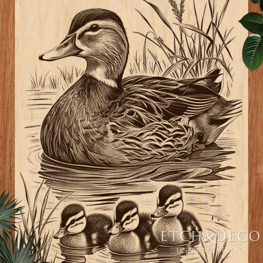 Duck and Ducklings Laser Burn PNG, Laser Engraving PNG, Rustic Wood ...