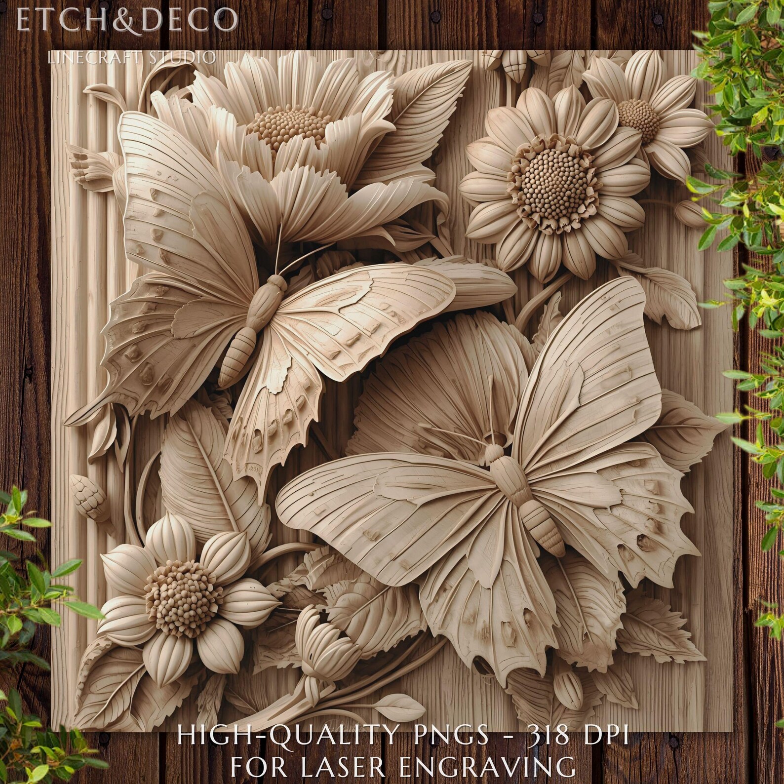 3D Illusion Butterflies on Flowers File for Wood Laser Engraving PNG ...
