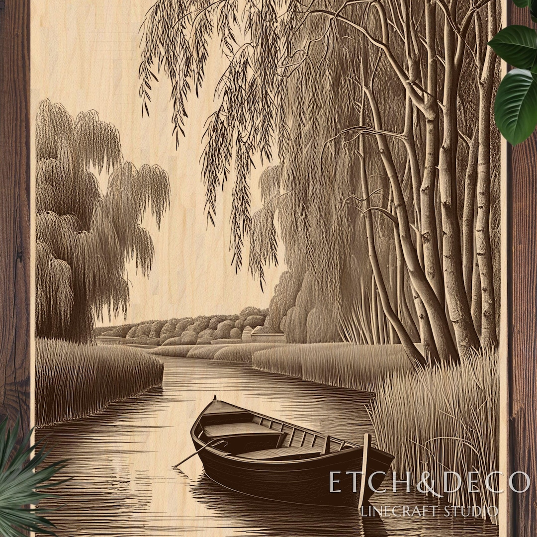 Boat on River Laser Engraving PNG, Nature Scene Wood Art, Digital Laser ...