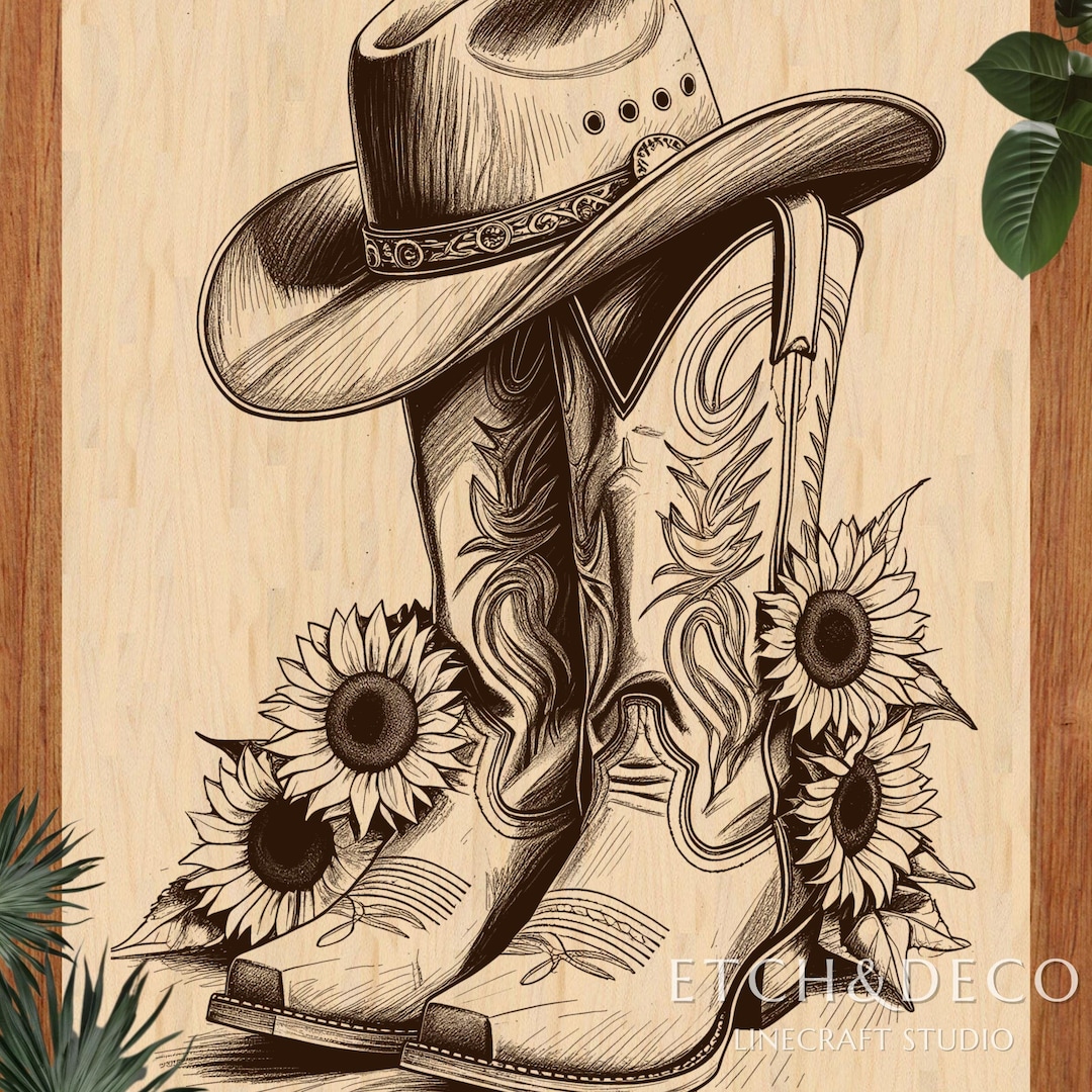 Cowgirl Boot and Hat PNG, Laser Burn Wood Design, Western Engraving ...