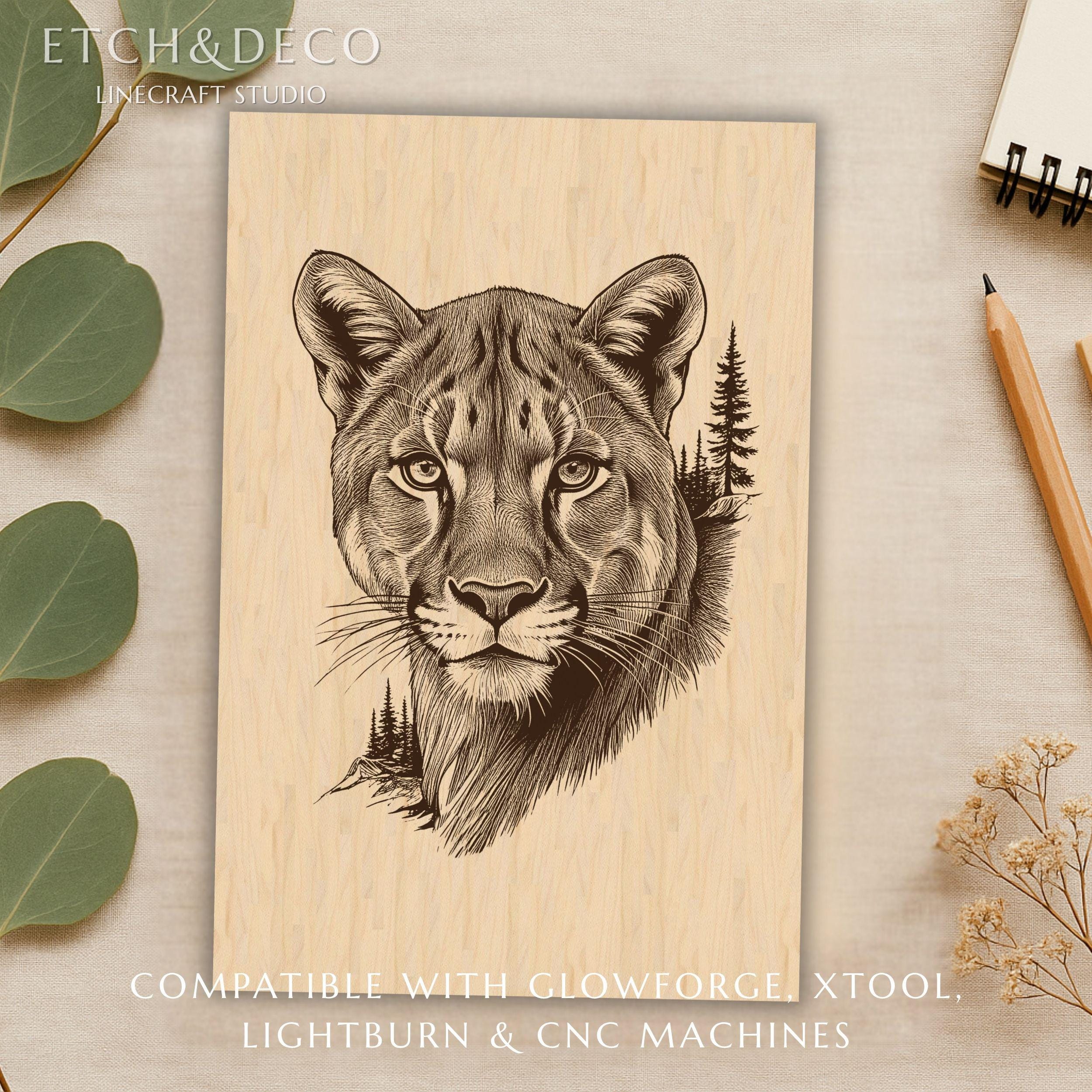Mountain Lion Laser Engraving PNG, Wildlife Portrait for Wood Burning ...