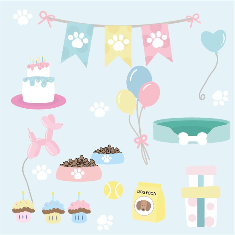 Paw Party Dog Clipart Bundle Cute Birthday Puppies With Hats, Balloons ...