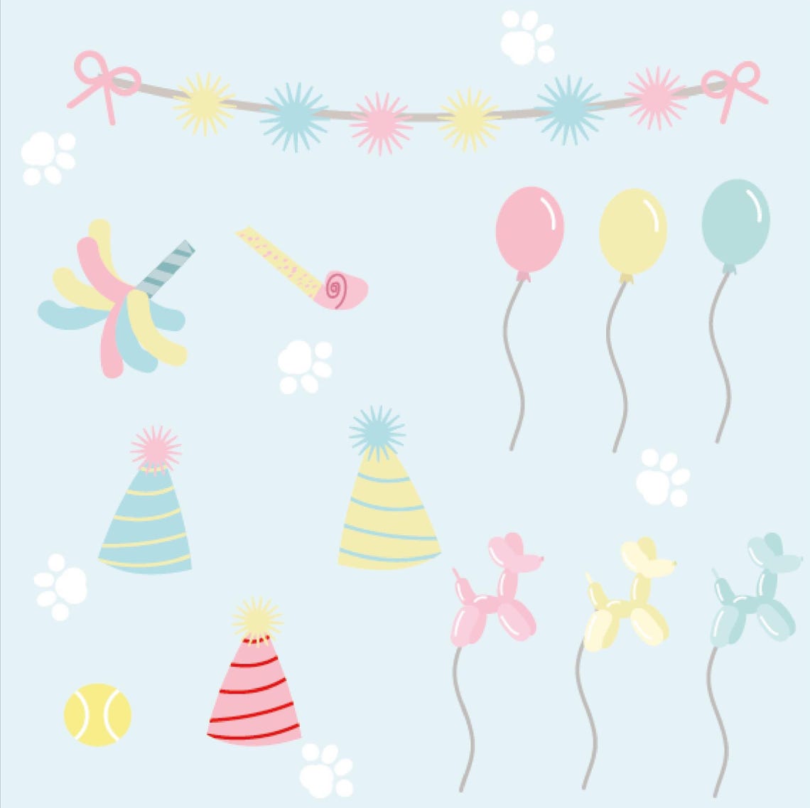 Paw Party Dog Clipart Bundle Cute Birthday Puppies With Hats, Balloons ...