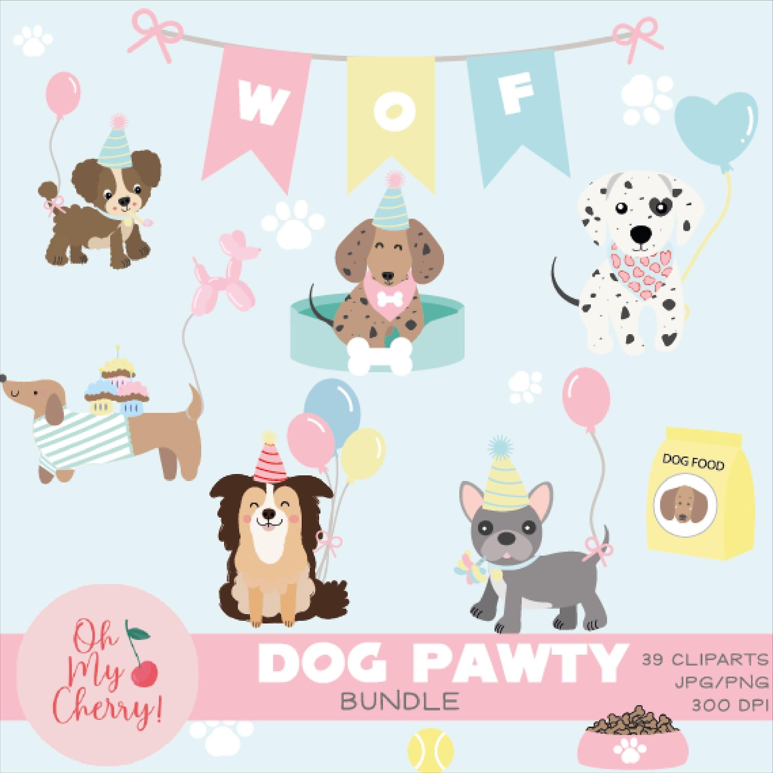 Paw Party Dog Clipart Bundle Cute Birthday Puppies With Hats, Balloons ...