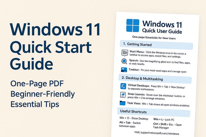 Windows 11 Quick Start Guide | One-page Printable PDF | Beginner Cheat ...