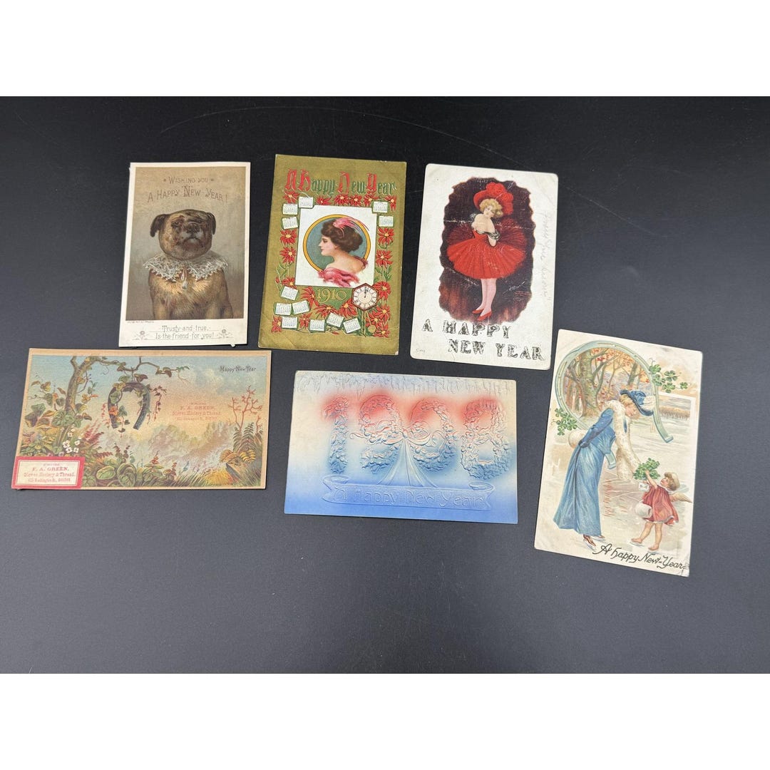 6 Victorian Trading & New Year Postcards 1903-1910 Embossed Lithographs ...