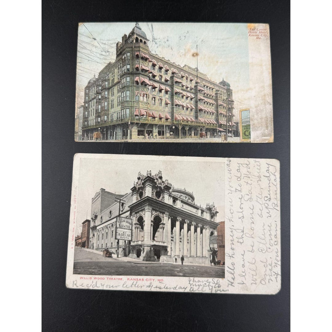 Antique 1907 Kansas City Postcards Set of 2 Willis Wood Theatre & Hotel ...