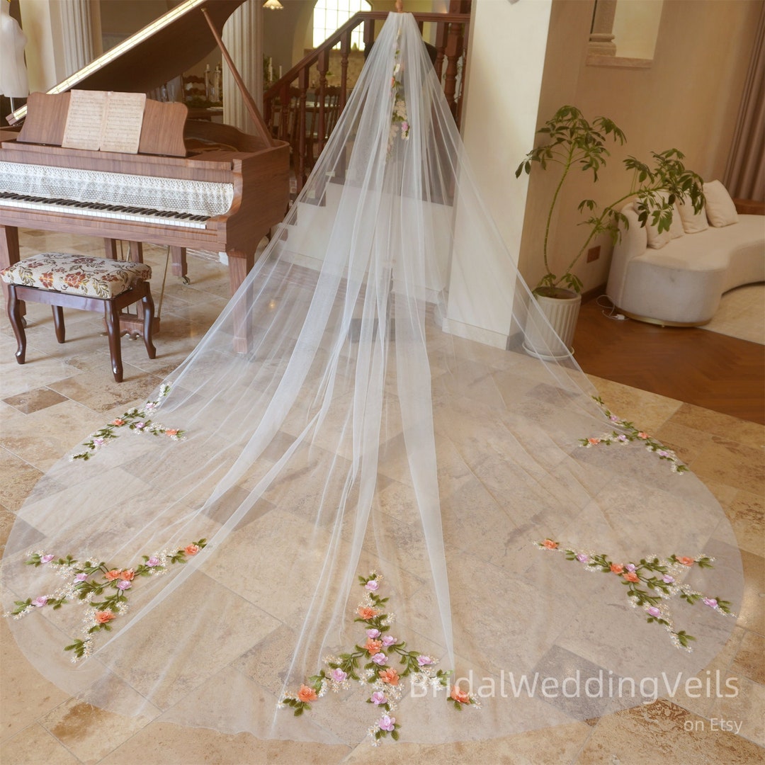 Embroidery Daisy Leaf Lace Veil With 3D Flowers,colorful Cathedral ...