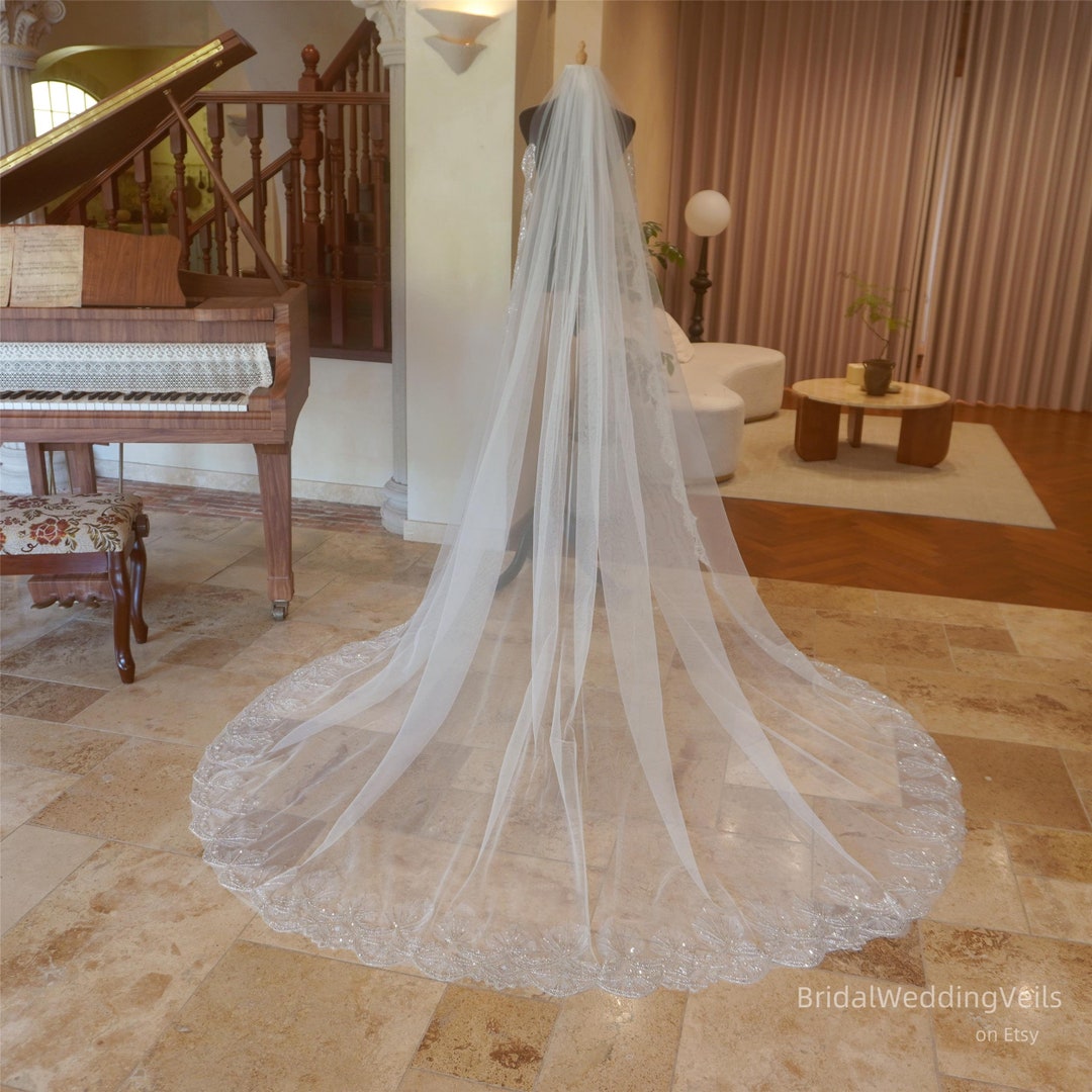 Beaded Trim Wedding Veil,cathedral Long Veils for Bride,minimalist ...