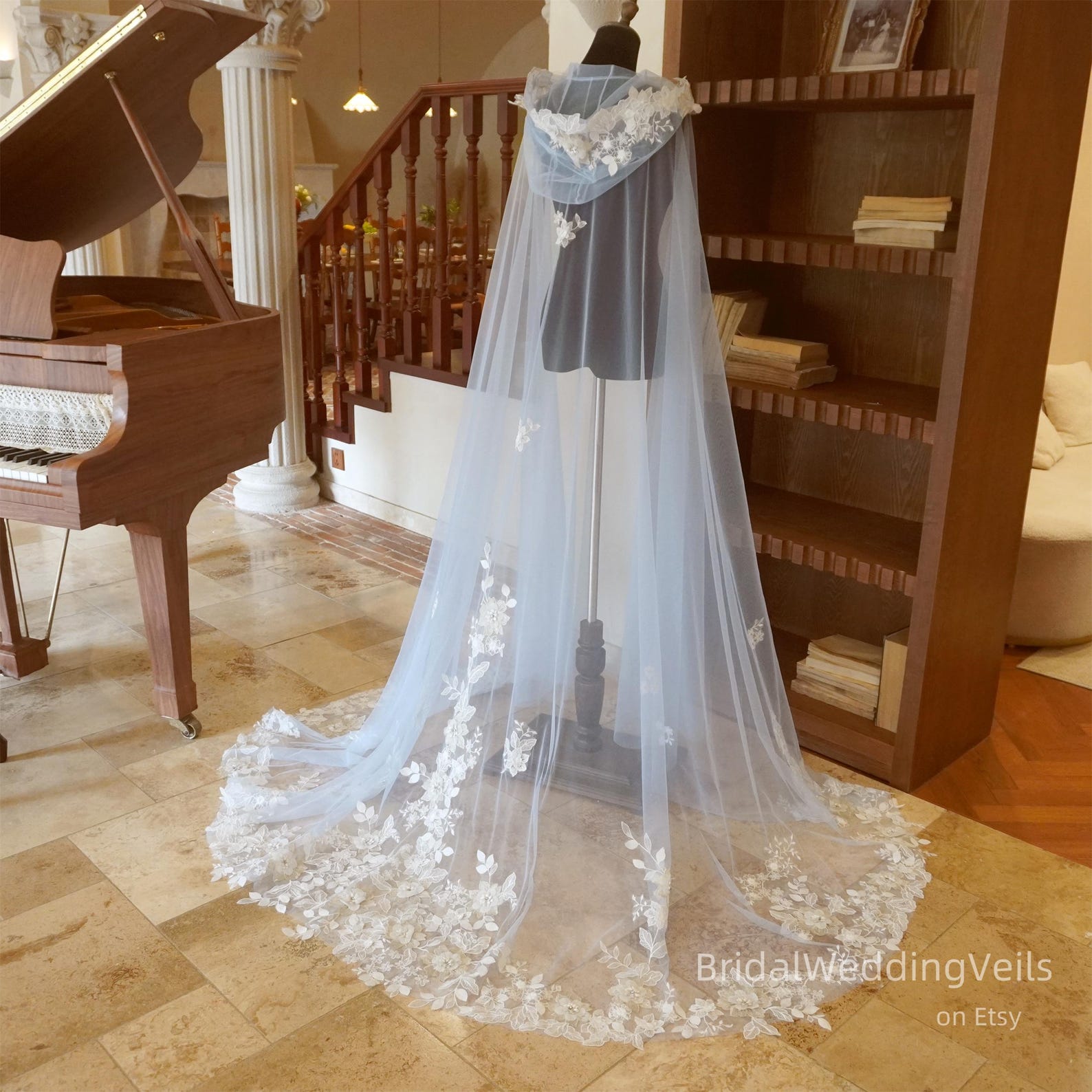 Blue Cape Veil Hooded With 3D Flowers,bridal Cape Cloak Veil,dreamy ...