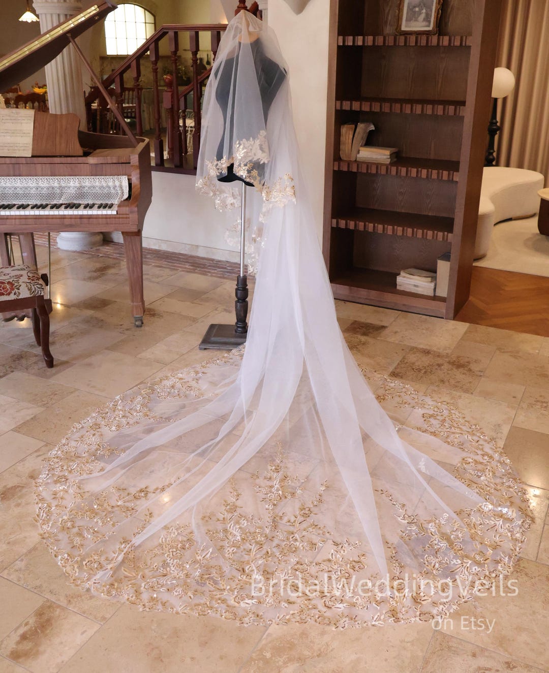 Gold Lace Wedding Veil Cathedral Length With Blusher,gold Sequin Lace ...