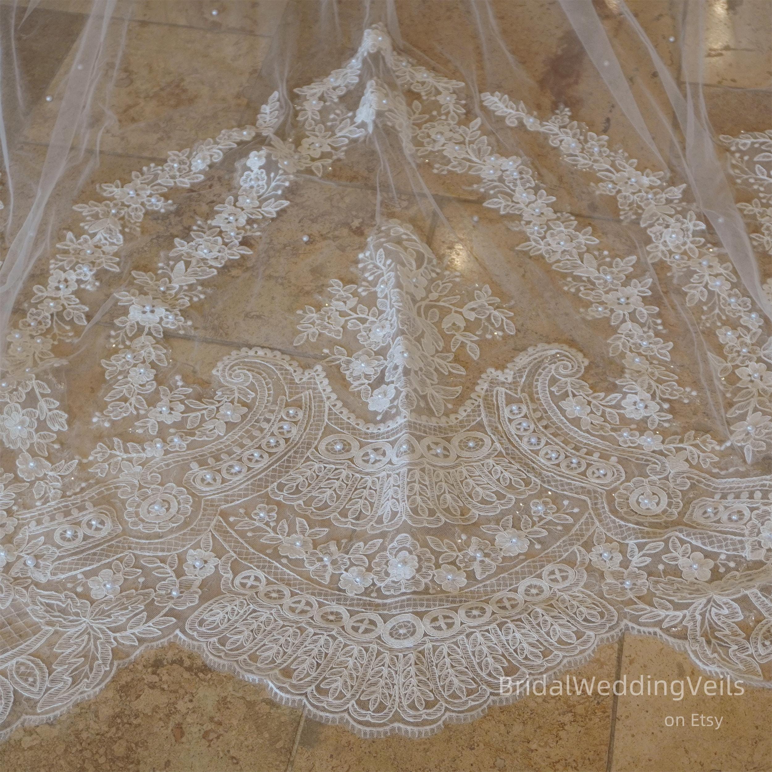 Vintage Lace Wedding Veil With Pearls: Hand-beaded Cathedral Veil - Etsy