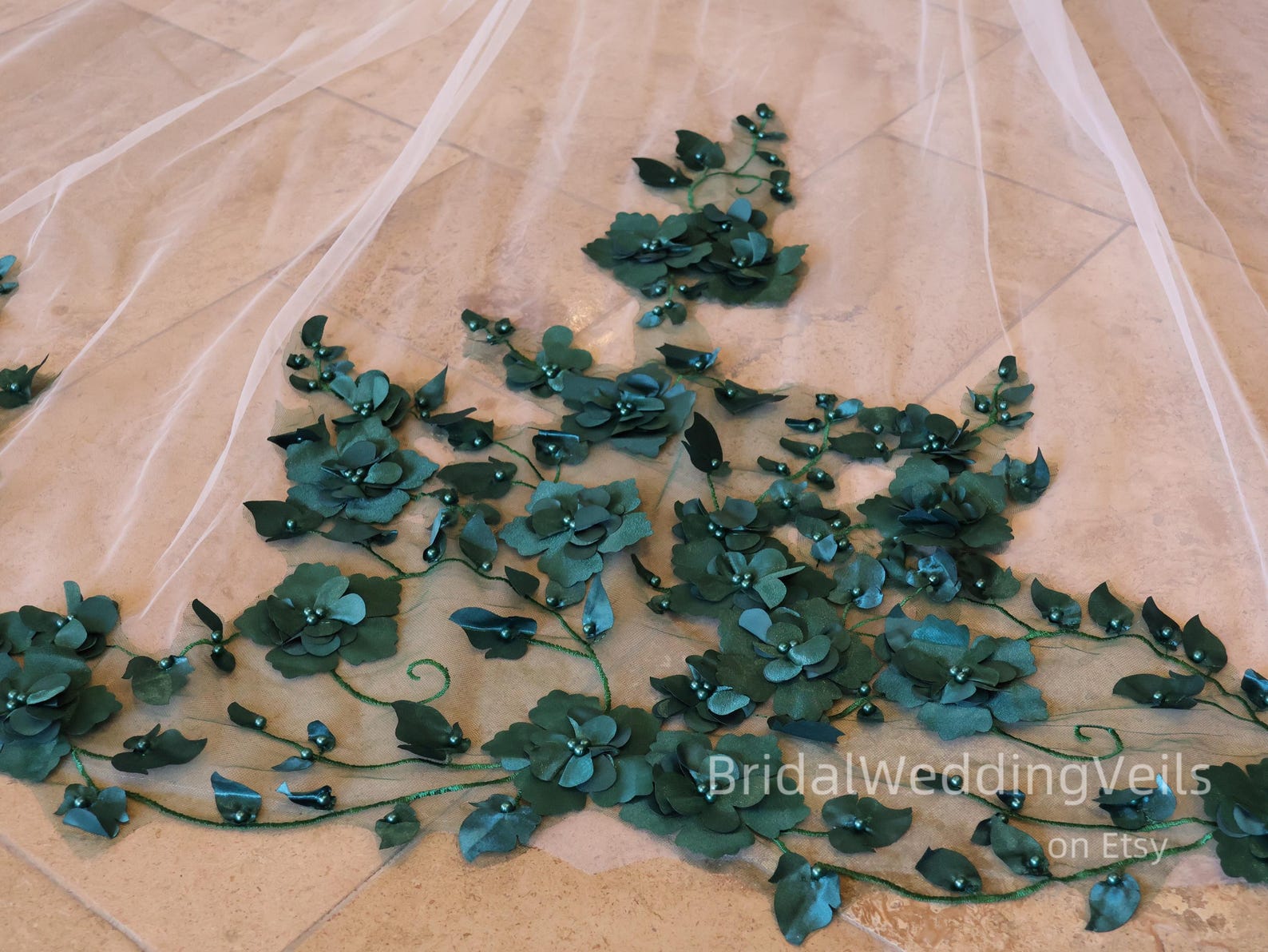 Dark Green 3D Flower Lace Wedding Veil: Beaded Floral Bridal Veil,green ...