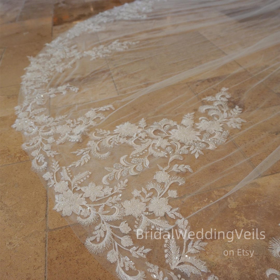 Shiny Sequin Beading Embroidery Flowers Lace Wedding Veil,cathedral ...