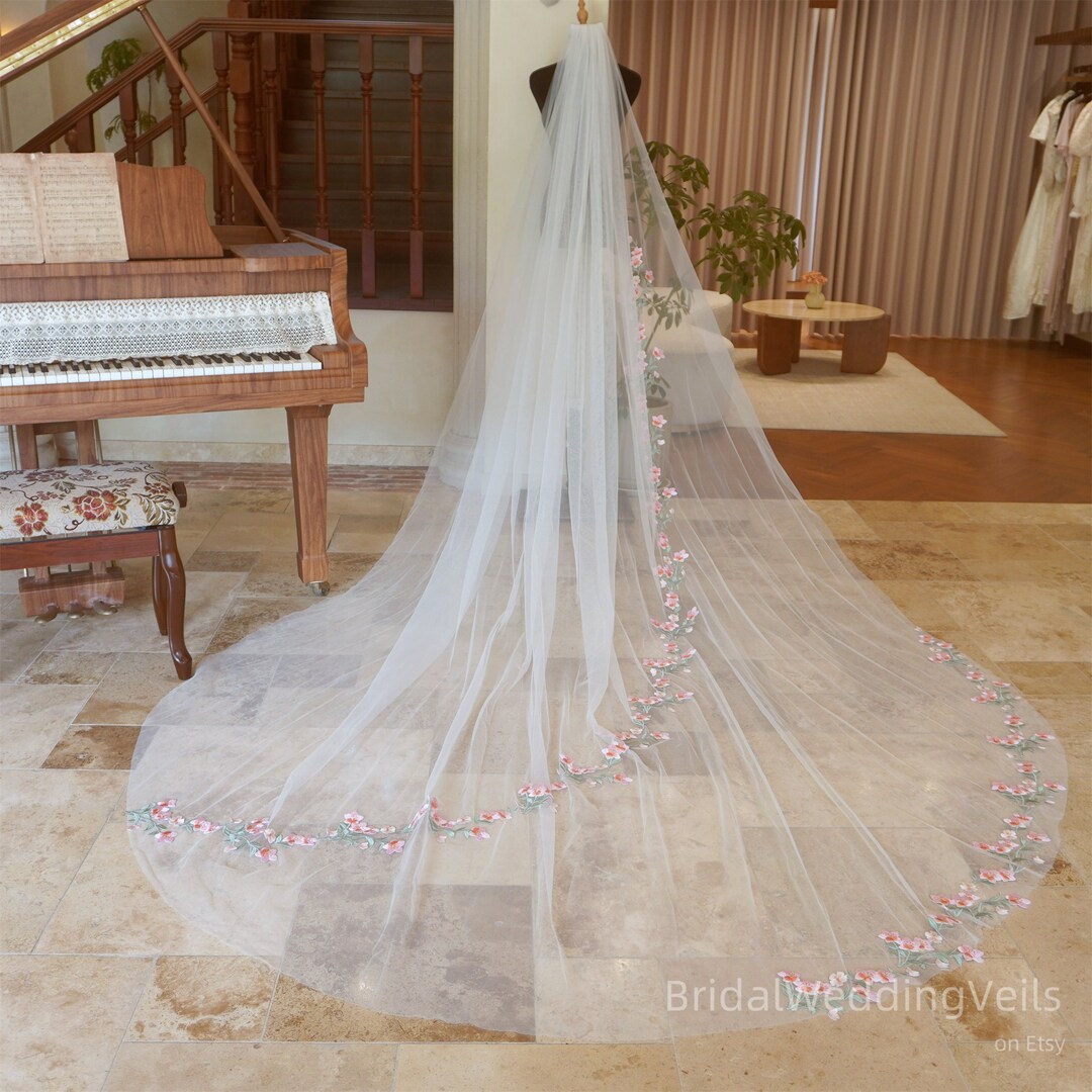 Pink Flower Lace Wedding Veil Cathedral,embroidery Veil,fairy Bridal ...