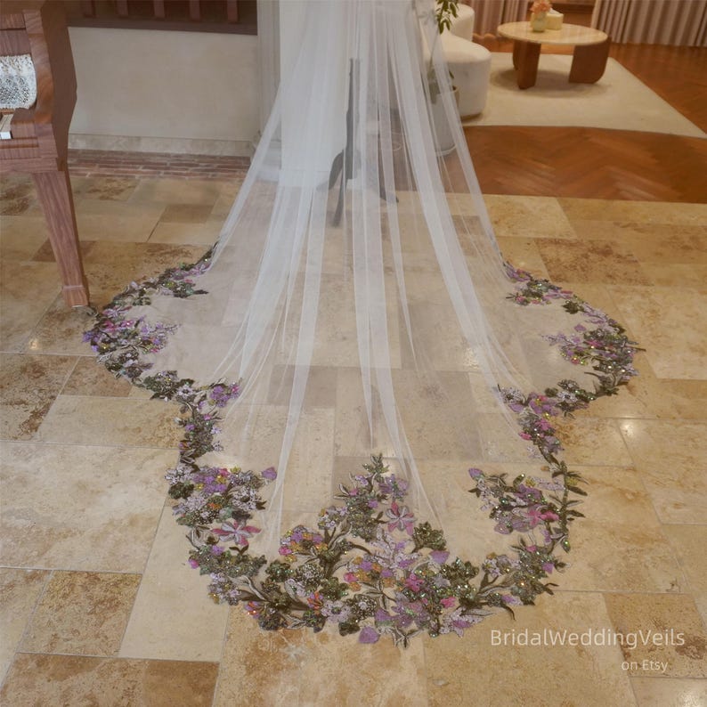 Shiny Sequin Wedding Veil Cathedral,special Cut 3 Rounds Veils,purple ...