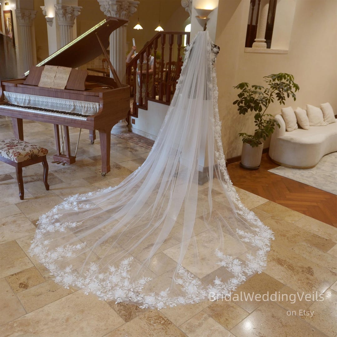 3D Flowers Lace Wedding Veil Cathedral Length,shiny Sequins Flowers ...