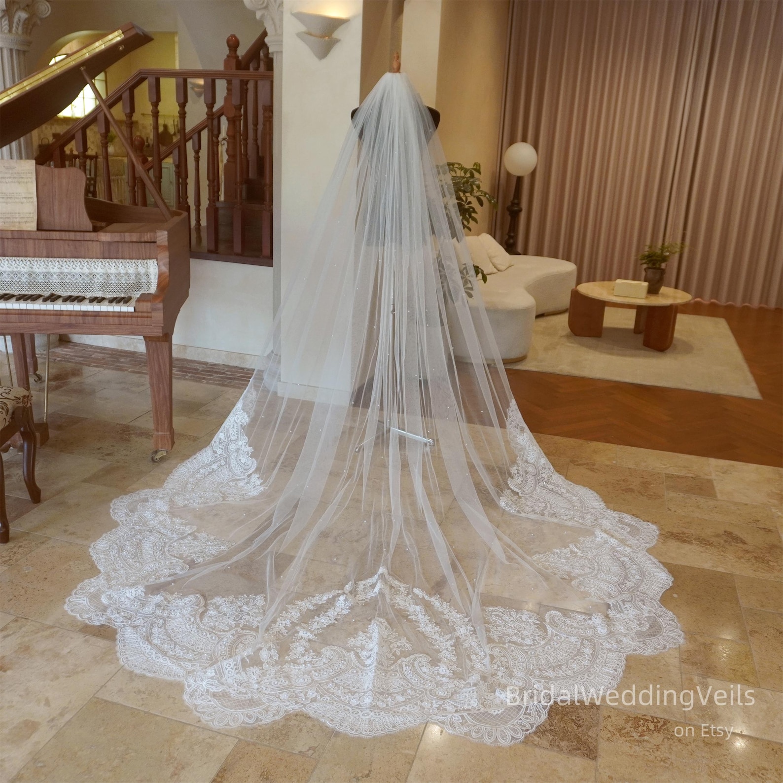 Vintage Lace Wedding Veil With Pearls: Hand-beaded Cathedral Veil - Etsy