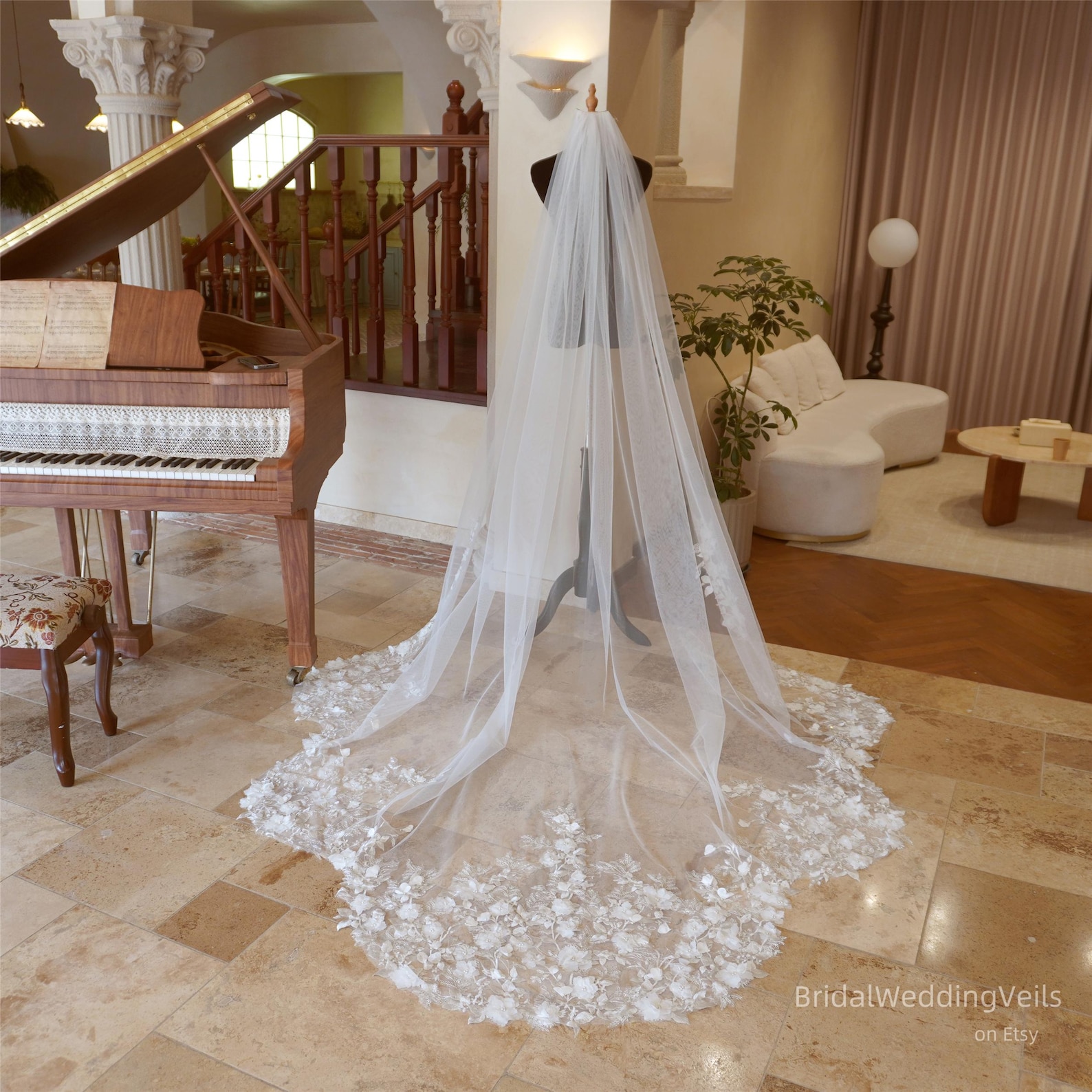Ivory 3D Beaded Floral Lace Cathedral Wedding Veil,scalloped Wedding ...