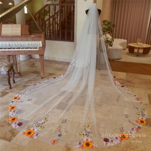Colorful 3D Sunflower Lace Wedding Veil Cathedral,ivory Tulle Veil ...