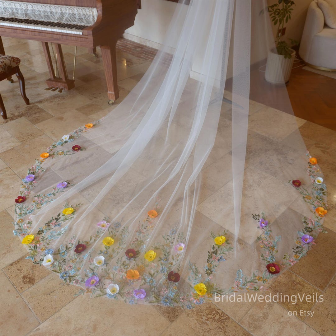 Colorful Wildflowers Wedding Veil Cathedral With 3D Poppy Flowers,tulle ...