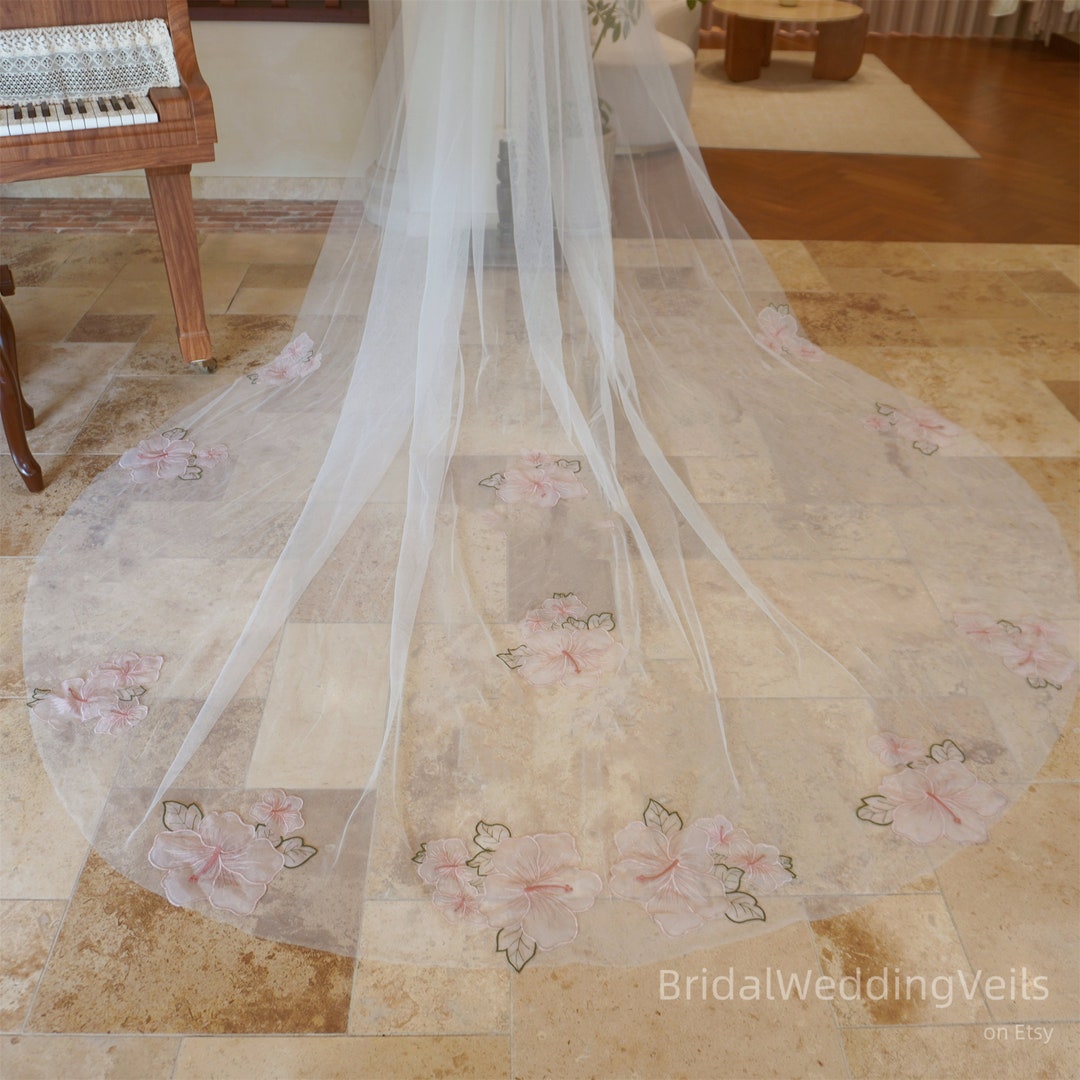 Simple Pink Flower Lace Wedding Veil Cathedral,embroidery Veil,fairy ...