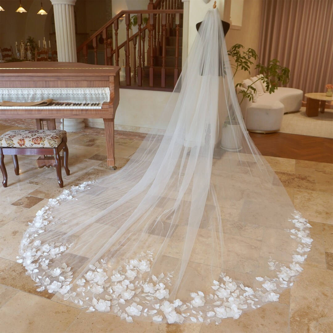 White 3D Flower Leaf Wedding Veil Cathedral,ivory Tulle Veil,fairy ...