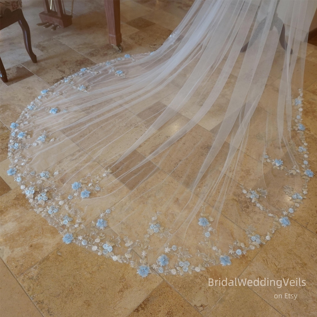 Blue Gold Lace Wedding Veil Cathedral,embroidery 3D Floral Beaded Veil ...