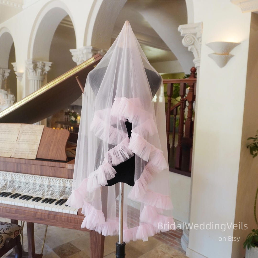 1 Tier Blusher Drop Veil With Falbala Design,60" Wide Round Veils,pink/ivory/black Ruffle Veils ...
