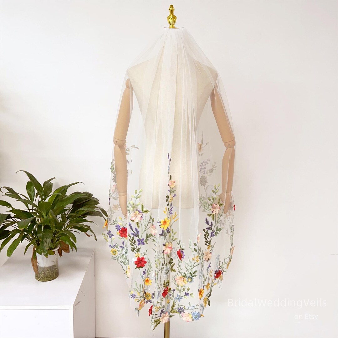 Colorful Wildflowers Wedding Veil Knees Length With 3D Flowers,colorful ...